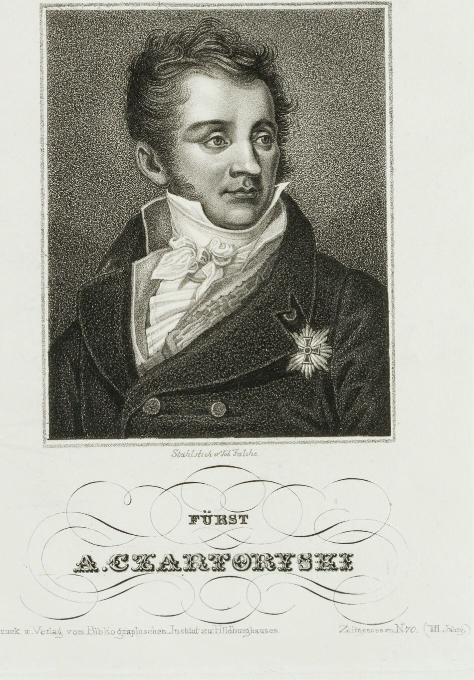 T. FALCHE (19.Jhd), Porträt des Fürsten Czartoryski, Stahlstich Romantik