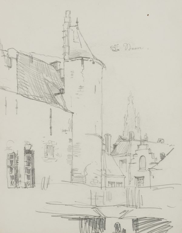 Unbekannt (19.Jhd), Seitenfassade einer Kirche in eine Stadt, Bleistift