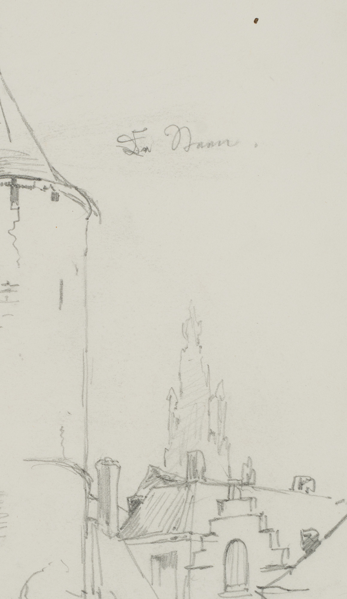 Unbekannt (19.Jhd), Seitenfassade einer Kirche in eine Stadt, Bleistift